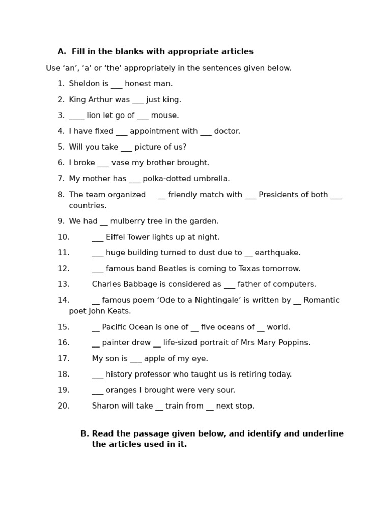 Article Usage Practice Exercises | PDF