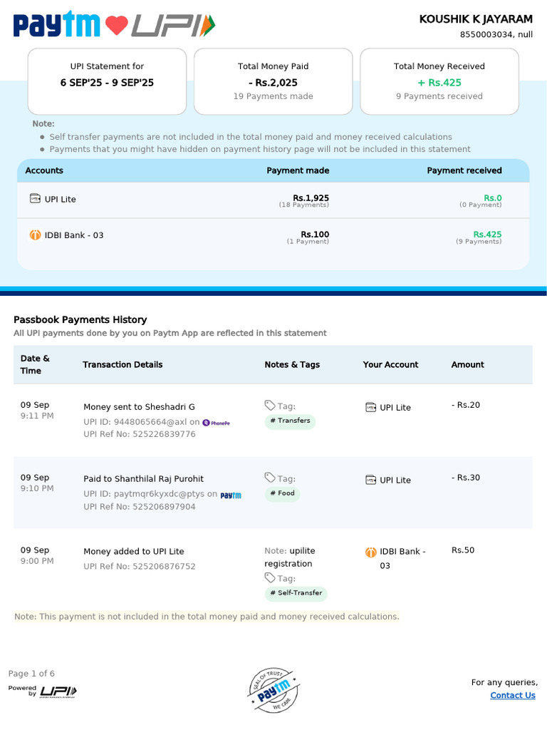 Paytm UPI Statement 06 Sep'25 - 09 Sep'25 | PDF | Economies | Economy ...