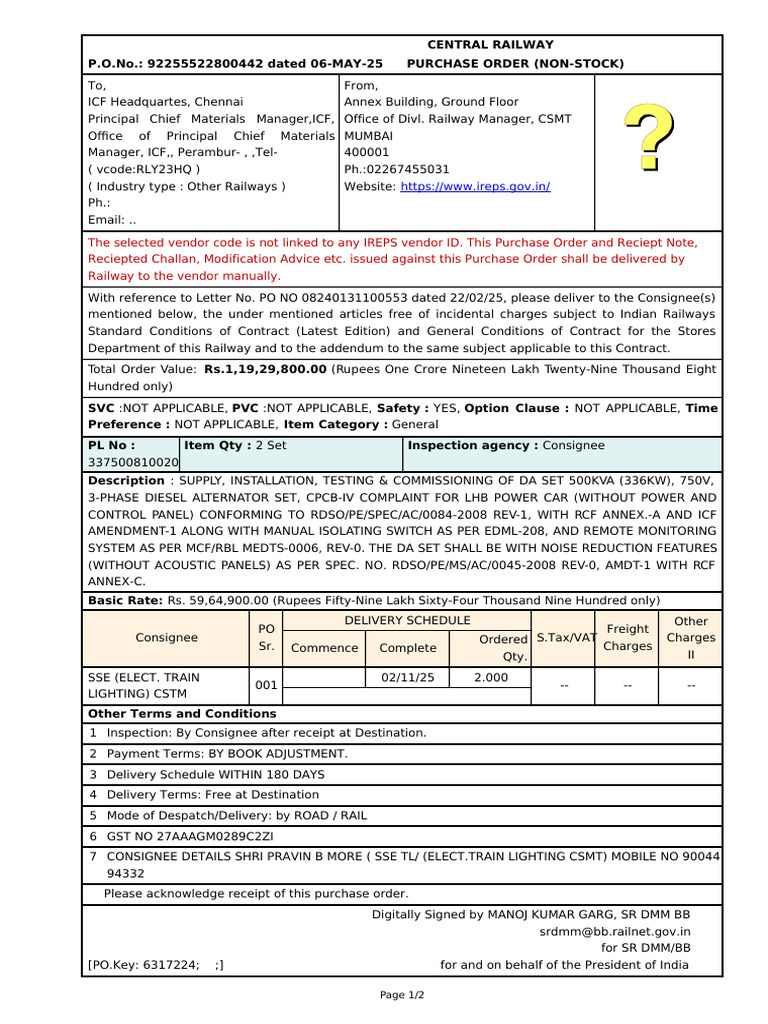 Util PO For 02 Nos DA Set From ICF 06052025 | PDF