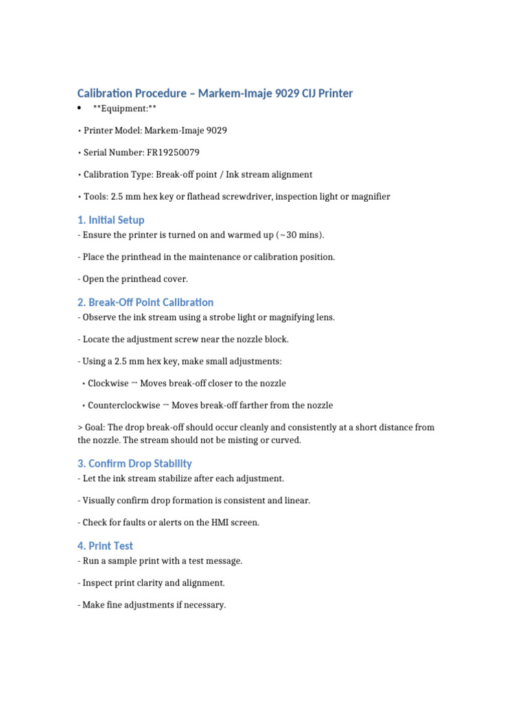 Markem-Imaje 9029 Calibration Procedure | PDF