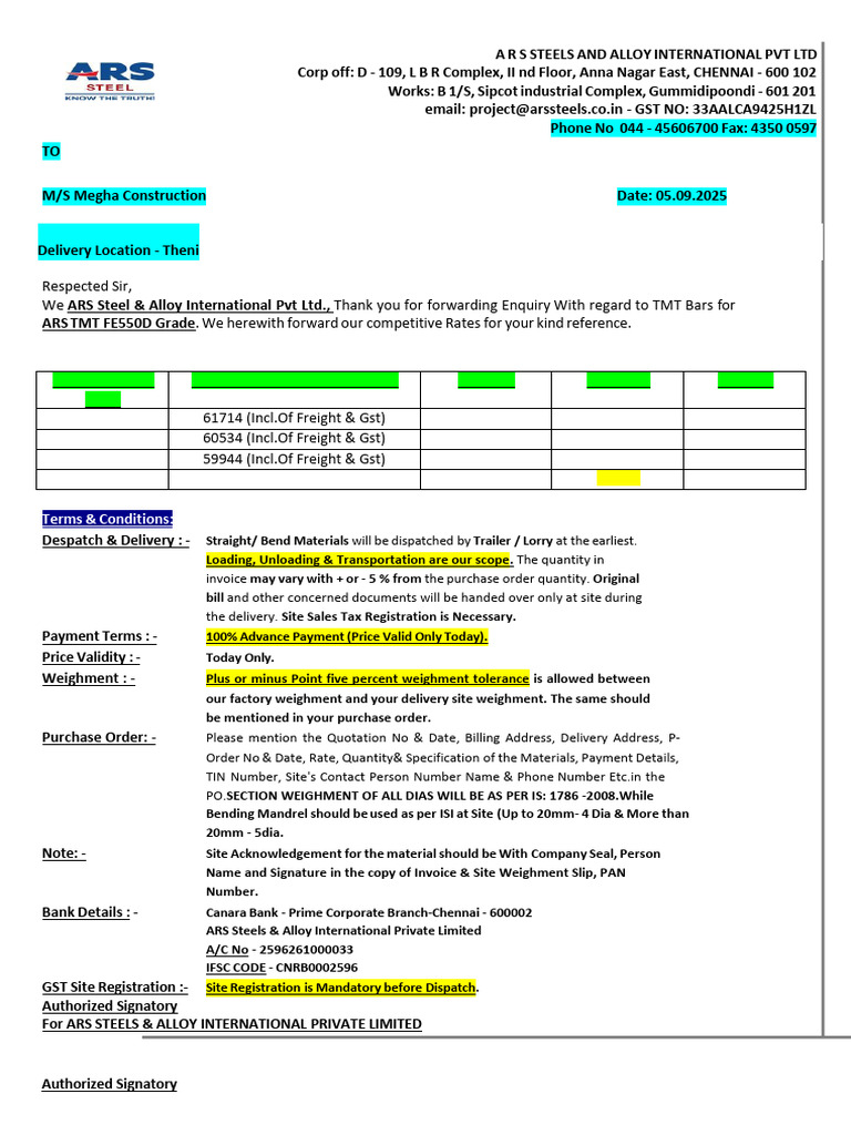 ARS Steel TMT Bar Quotation to Megha Construction | PDF