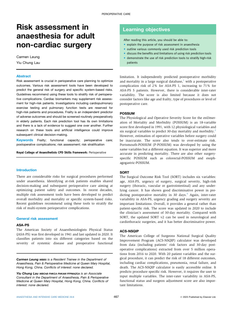 ASA Risk Assessment in Anaesthesia | PDF | Stroke | Anesthesia
