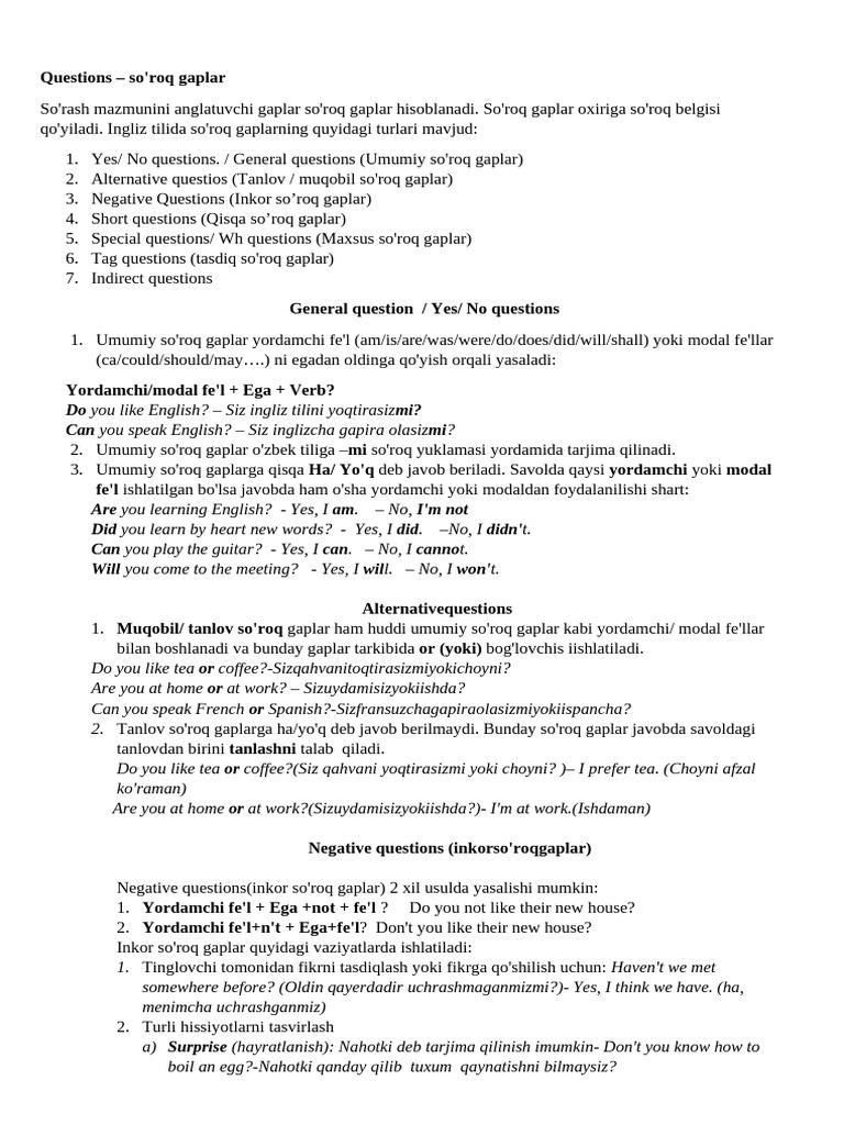 Question Types in English Grammar | PDF | Syntax | Linguistics