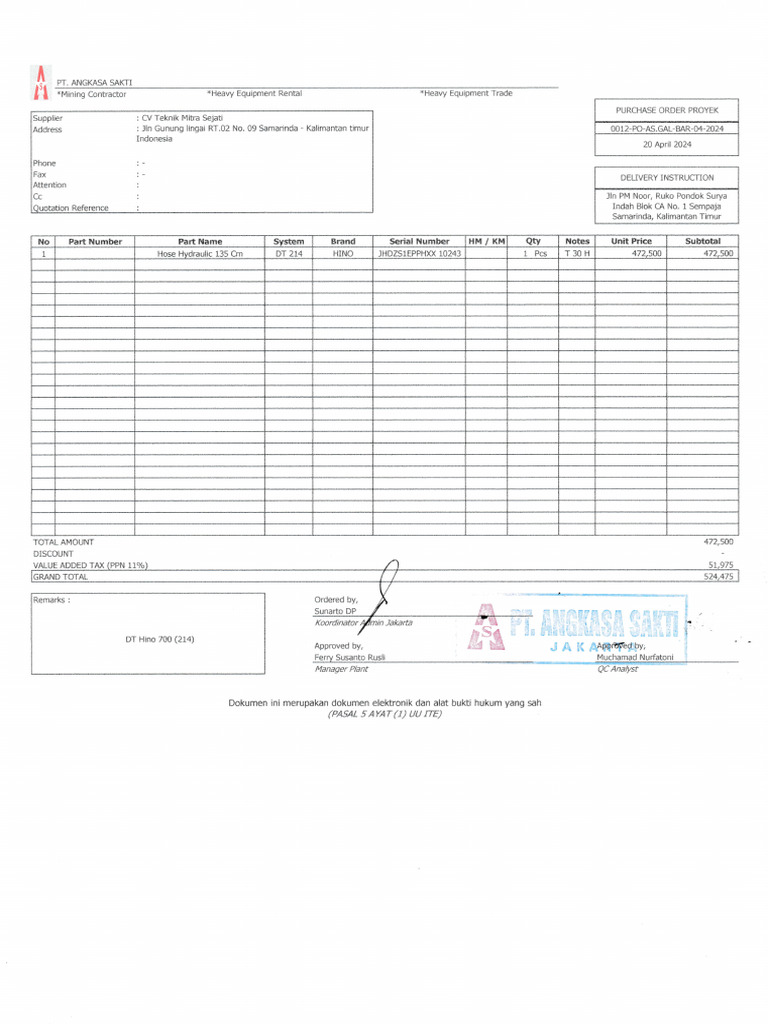 0012 PO As - Gal BAR 04 2024 (Teknik Mitra Sejati) | PDF