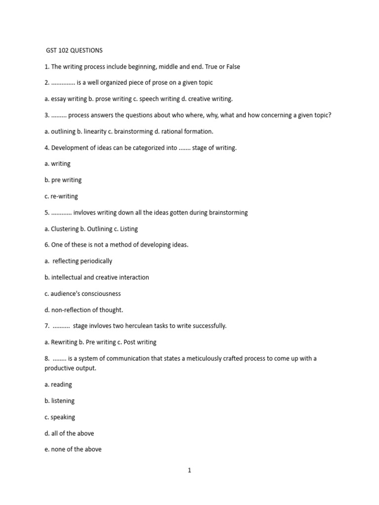 GST 102 Writing Process Questions | PDF | Part Of Speech | Word
