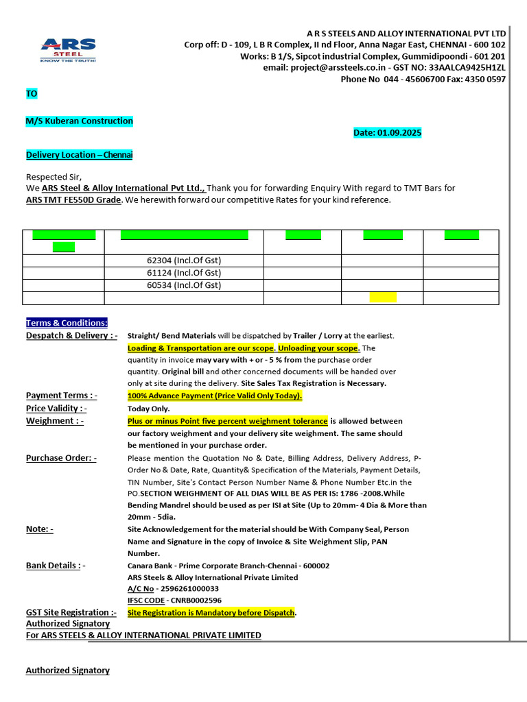 TMT Bar Quotation from ARS Steels | PDF