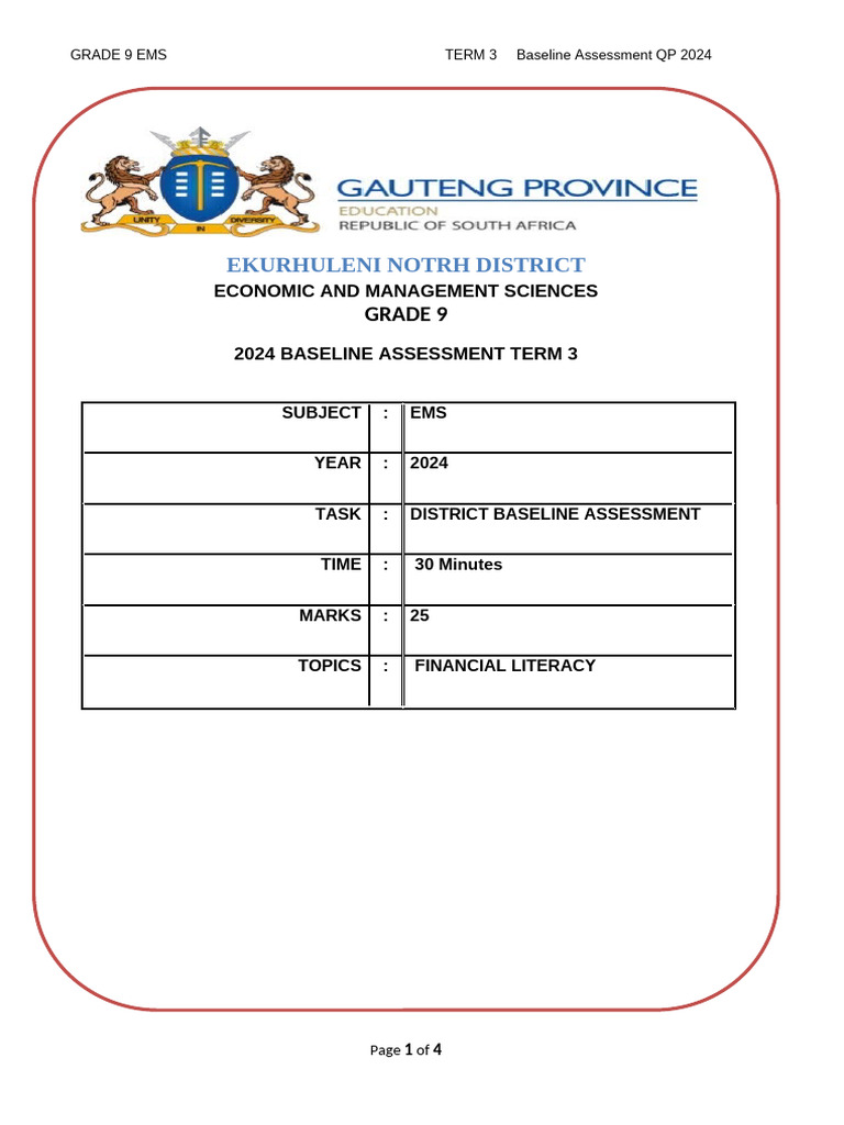 Grade 9 EMS Term 3 Financial Literacy Test | PDF | Receipt | Financial ...