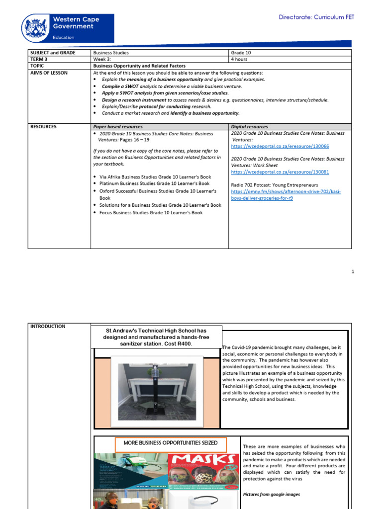 Business Studies Grade 10 Term 3 Week 3 - 2020 | PDF | Swot Analysis ...