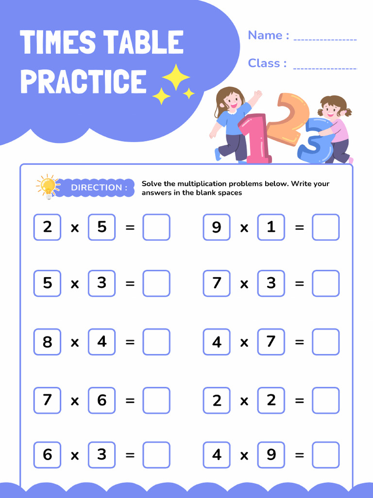 Times Table Practice Worksheet in White Blue Playful Style | PDF