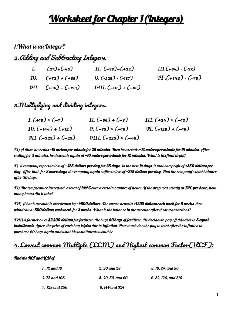 Class 7 Integers Worksheet | PDF | Mathematics | Discrete Mathematics