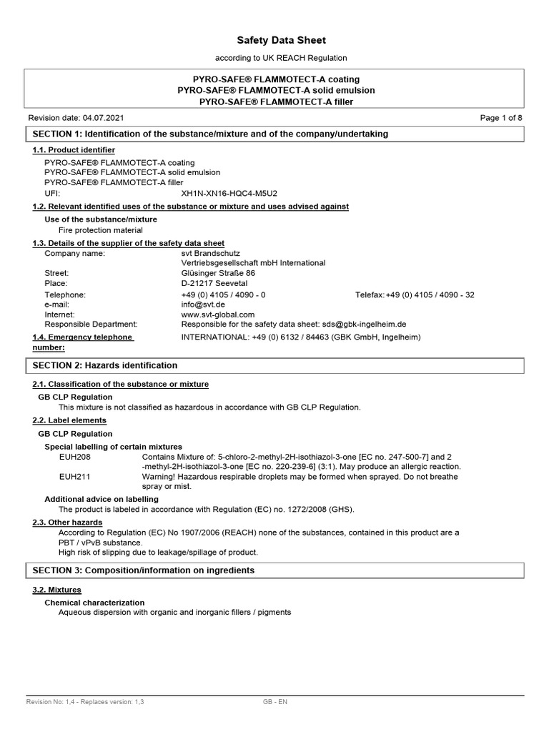 Msds Pyro Safe Flammotect a En | PDF | Occupational Safety And Health ...