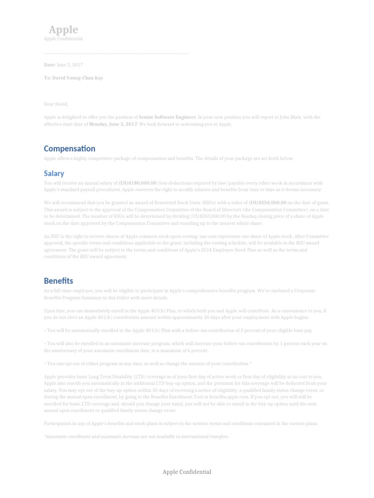 Apple Job Offer Letter for David Kay | PDF | 401(K) | Executive ...