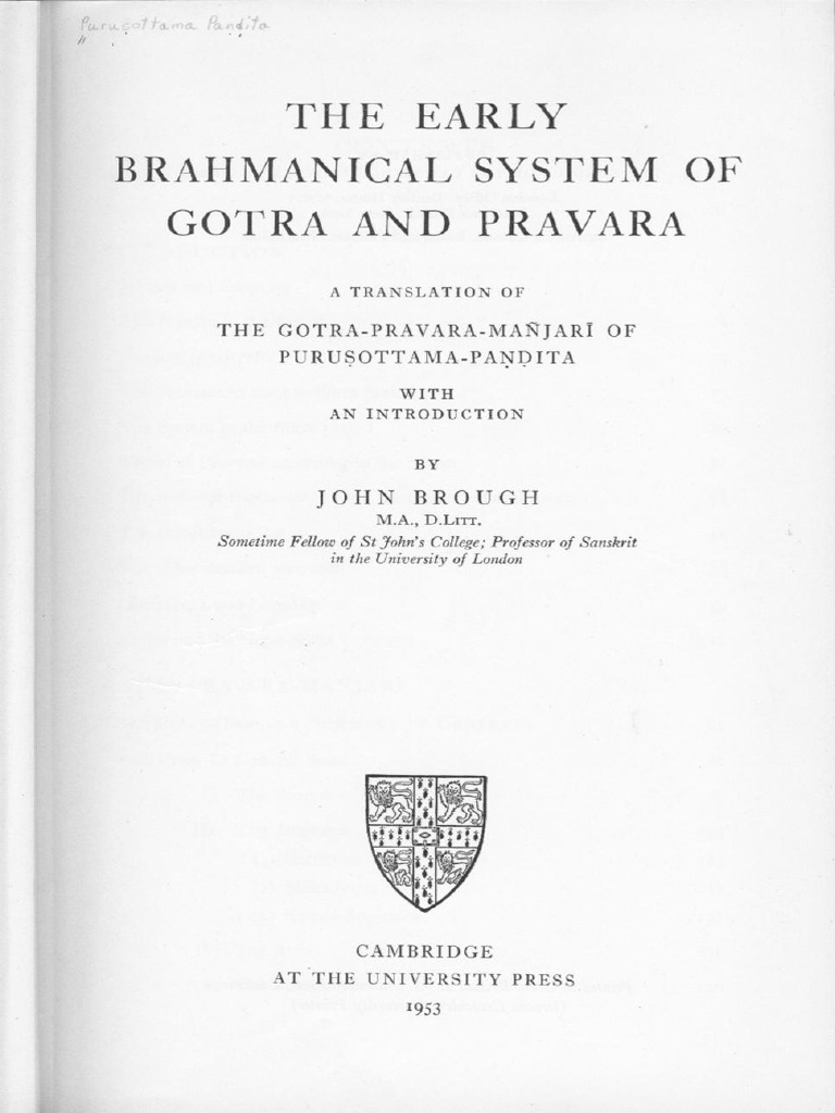 Early Brahmanical Systems of Gotra An Pravara Gotra Pravara Manjari of ...
