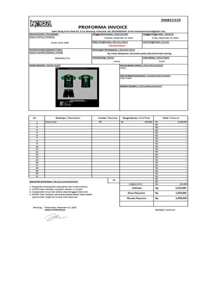 Proforma Invoice Jersey Yabis 1989 | PDF