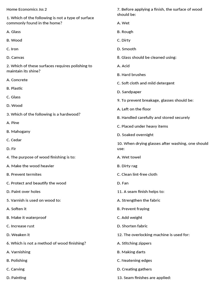 Home Economics Questions Jss 1 and 2 | PDF | Seam (Sewing) | Clothing