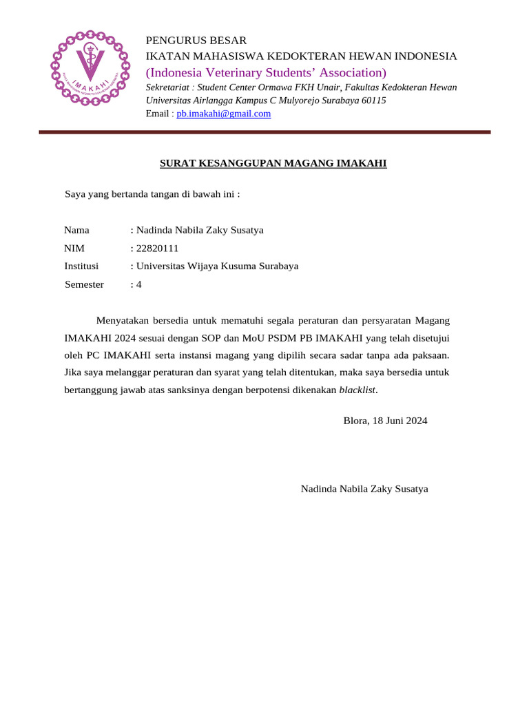 Surat Kesanggupan Magang IMAKAHI | PDF