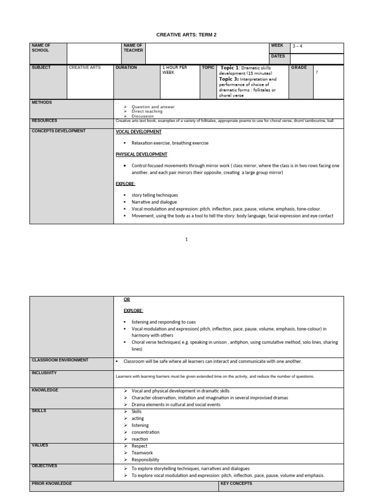 Creative Arts Lesson Plan Term 2 Week 2-3 Drama | PDF | Learning ...
