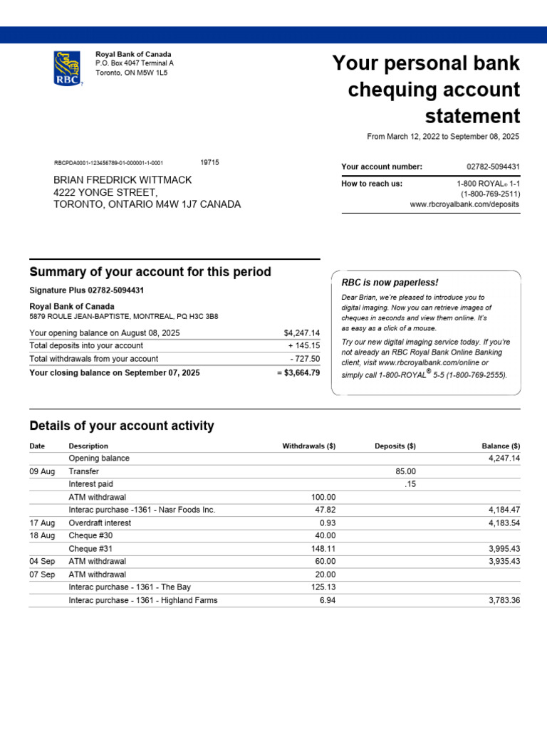 Canada RBC Chequing-Account Statement August-September 2025 | PDF ...