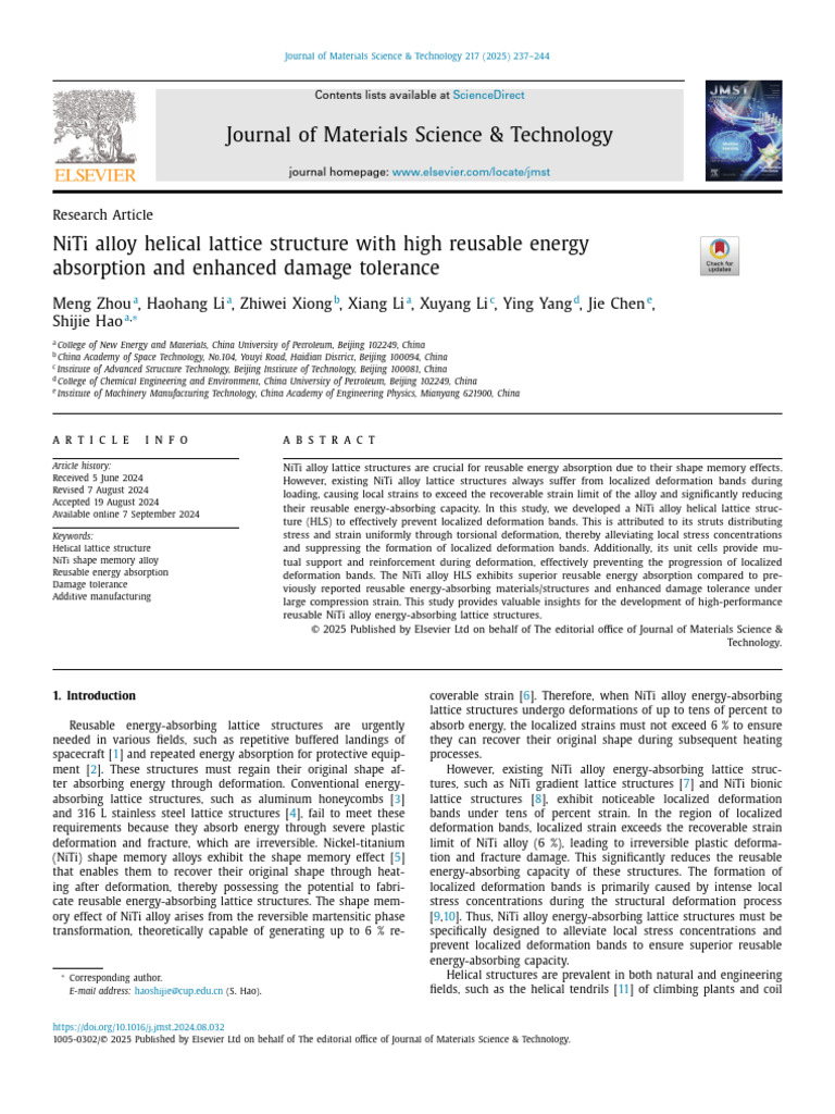 NiTi Alloy Helical Lattice Structure With High Reusable Energy | PDF ...