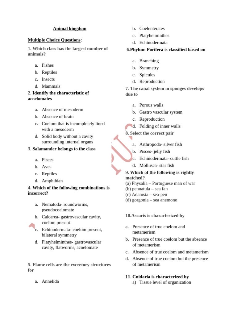 Animal Kingdom: Multiple Choice Questions | PDF | Mollusca | Zoology