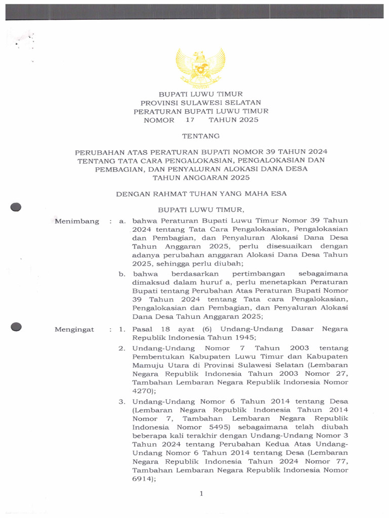 PERBUP NO 17 2025 TTG Perubahan ADD | PDF