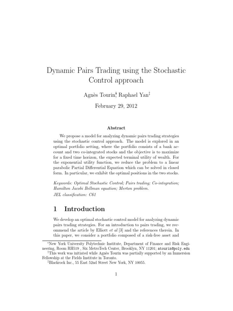 Dynamic Pairs Trading Using The Stochastic Control Approach PDF | PDF ...
