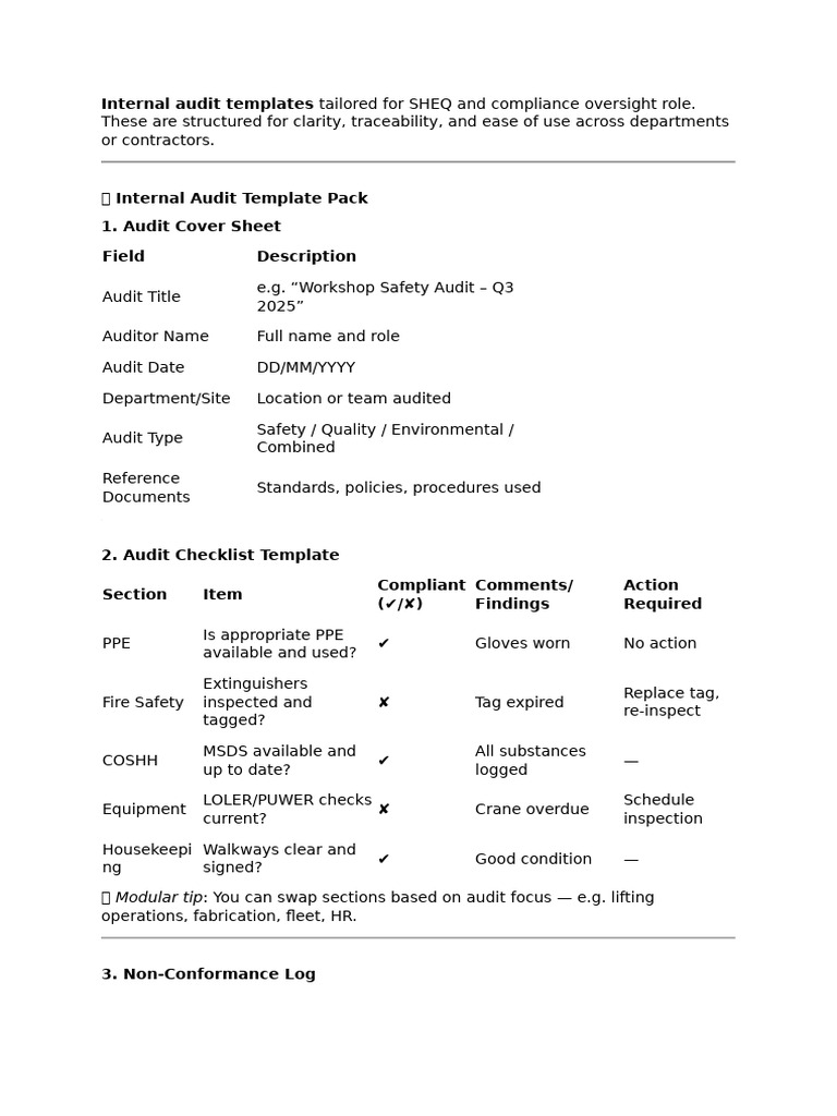 Internal audit templates tailored for SHEQ and compliance oversight ...