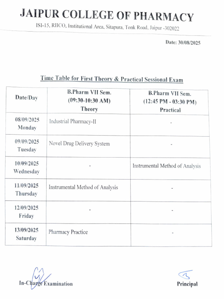 BP7 First Sessional Time Table September 2025 | PDF