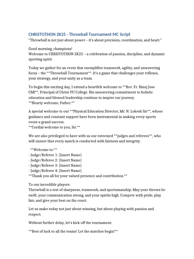 Christothon 2k25 Throwball MC Script | PDF