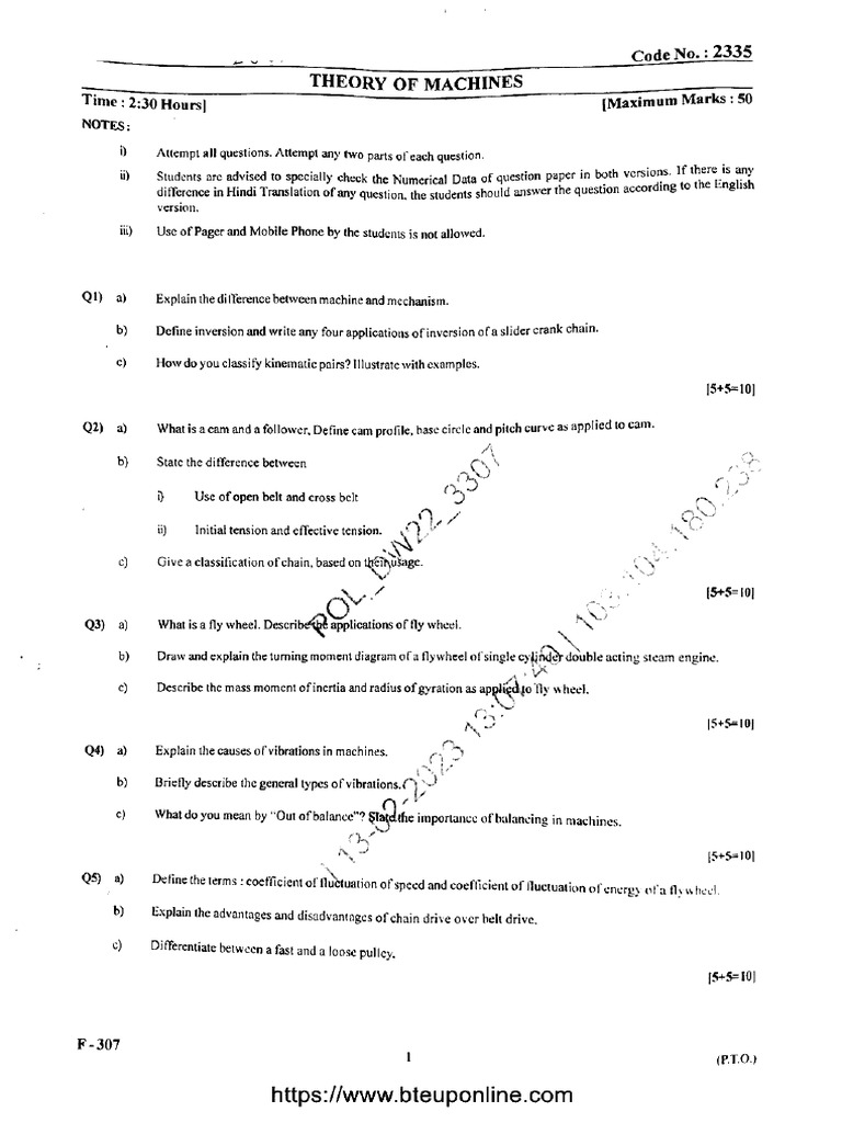 Me 5 Sem Theory of Machines 2335 Feb 2023 | PDF