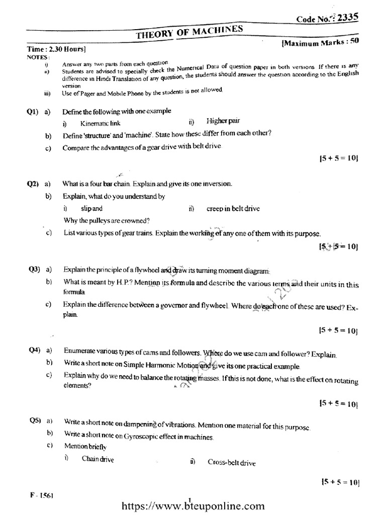 Me 5 Sem Theory of Machines 2335 Mar 2021 | PDF