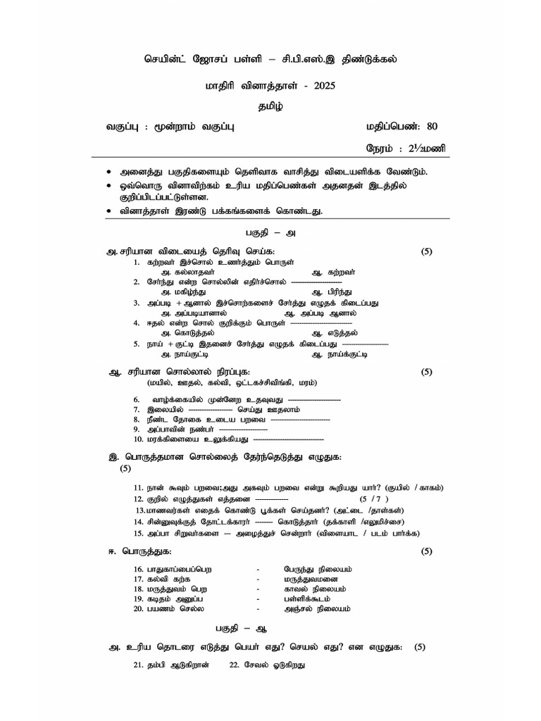 Sample Question Paper Grade 3 | PDF