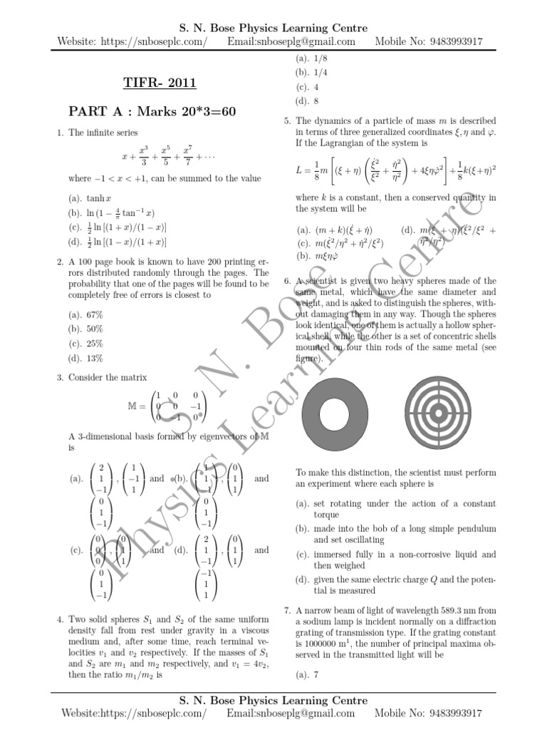 TIFR GS Physics 2011 Question Paper | PDF | Quantum Mechanics ...