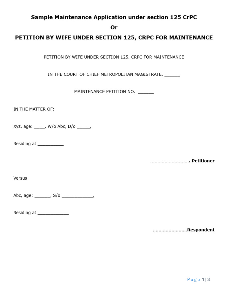 Sample Maintenance Application Under Section 125 CRPC | PDF | Justice | Crime & Violence