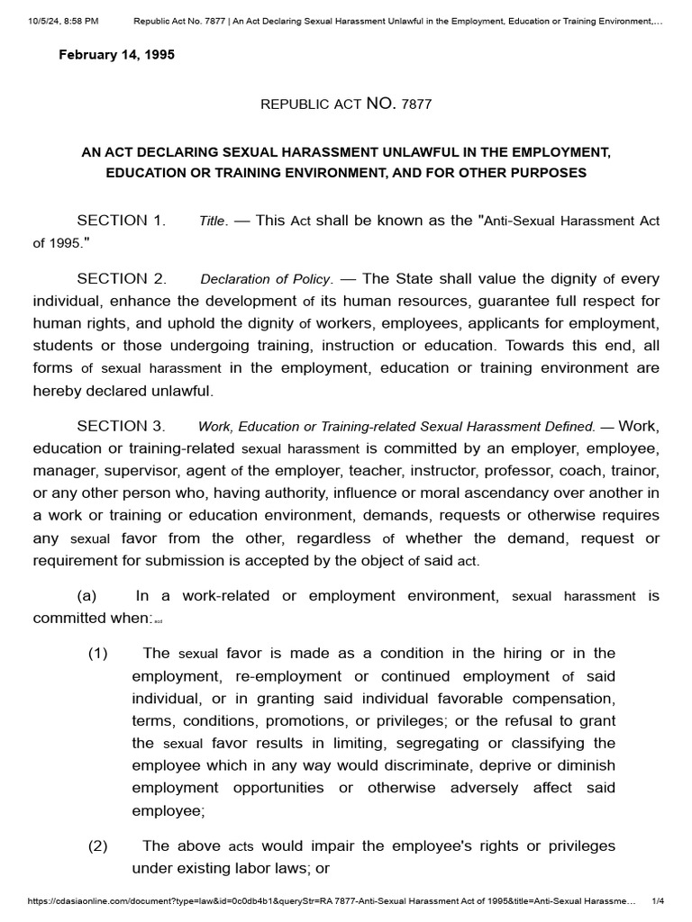 Republic Act No. 7877 - An Act Declaring Sexual Harassment Unlawful in ...