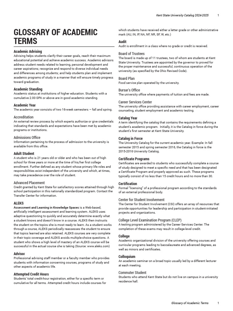 Glossary of Academic Terms | PDF | Course Credit | Academic Degree