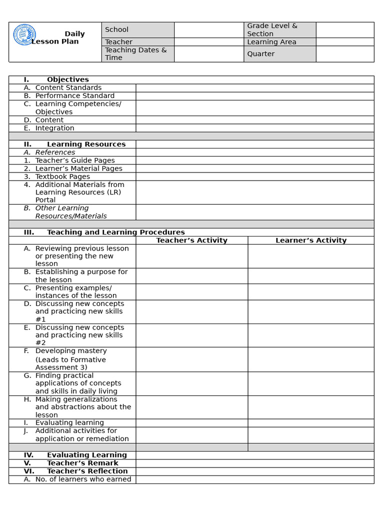 Daily Lesson Plan Template for Teachers | PDF