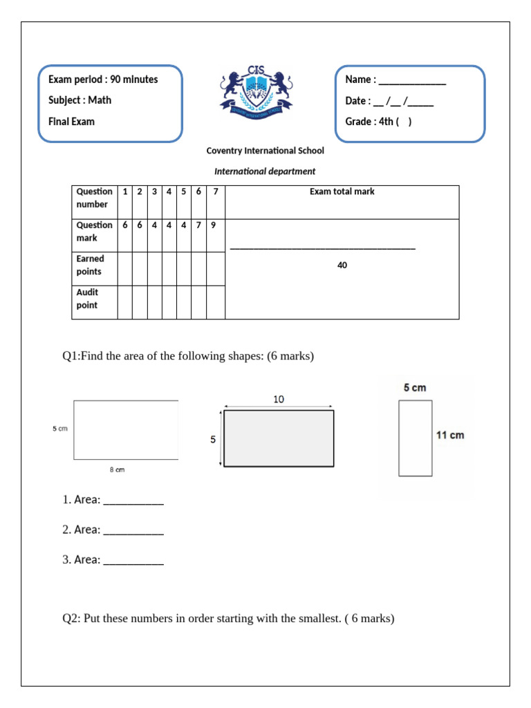 Grade 4 Math Final Exam | PDF