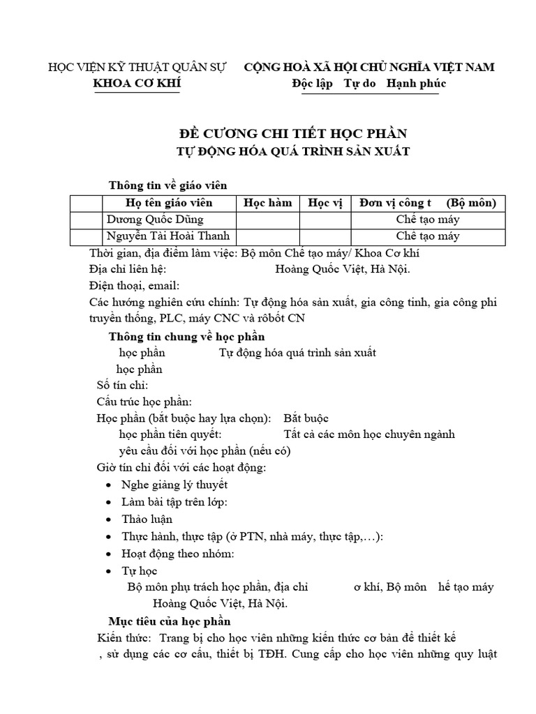 De Cuong Chi Tiet Hoc Phan TDHQTSX | PDF