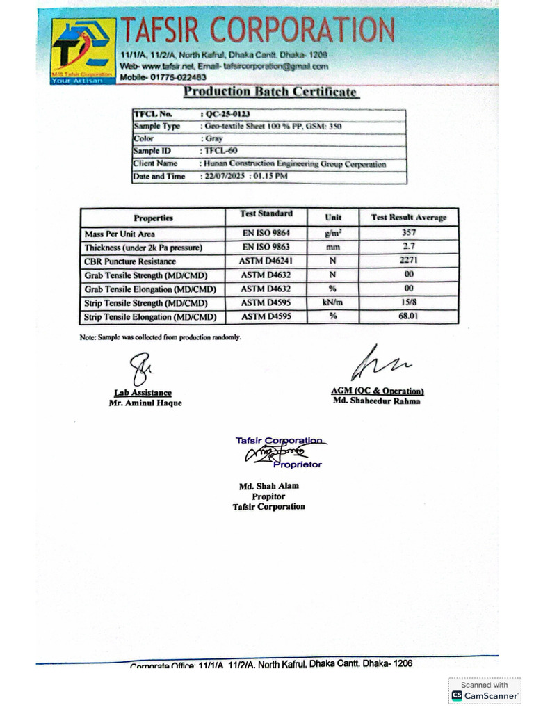 Batch Certificate PP 300 GSM Geotextile - Tafsir Corporation | PDF