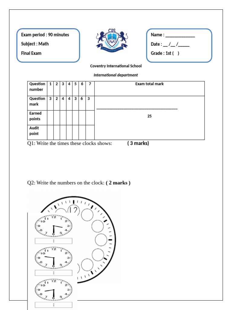 Grade 1 Math Final Exam 2 | PDF