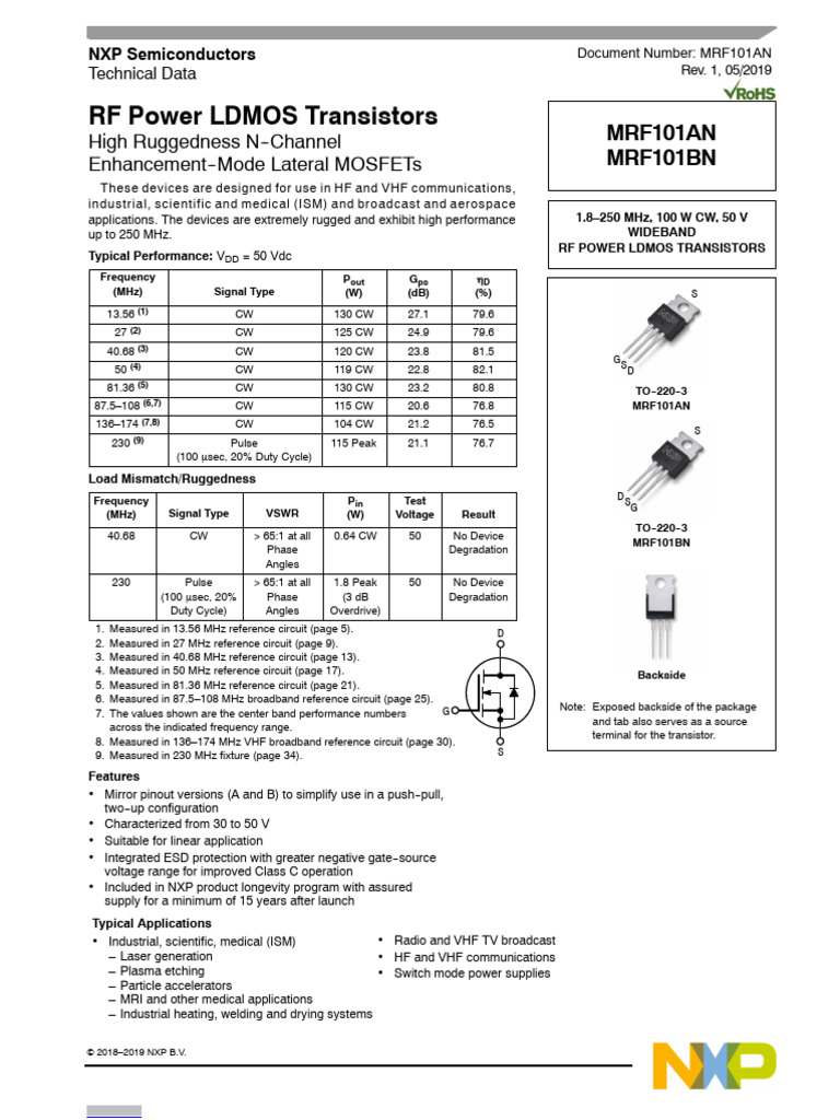 NXP MRF101AN/BN RF Power Transistors | PDF | Amplifier | Watt