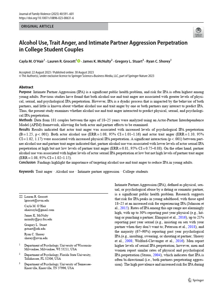 Alcohol Use, Trait Anger, and Intimate Partner Aggression Perpetration ...