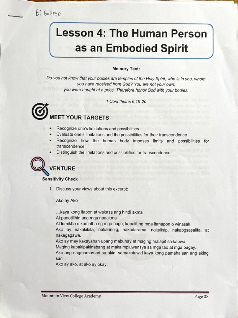 Lesson 4: The Human Person As An Embodied Spirit | PDF
