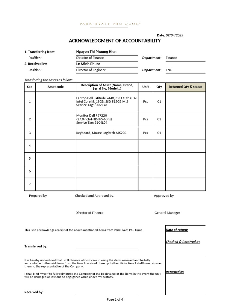 Asset Transfer Acknowledgment Form | PDF | Personal Computers ...