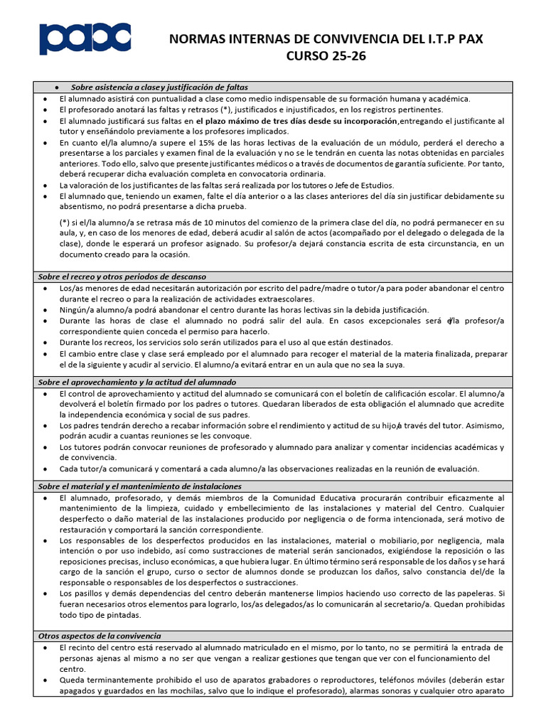 Normas de Convivencia I.T.P Pax 2025-26 | PDF | Agresión | Regulación