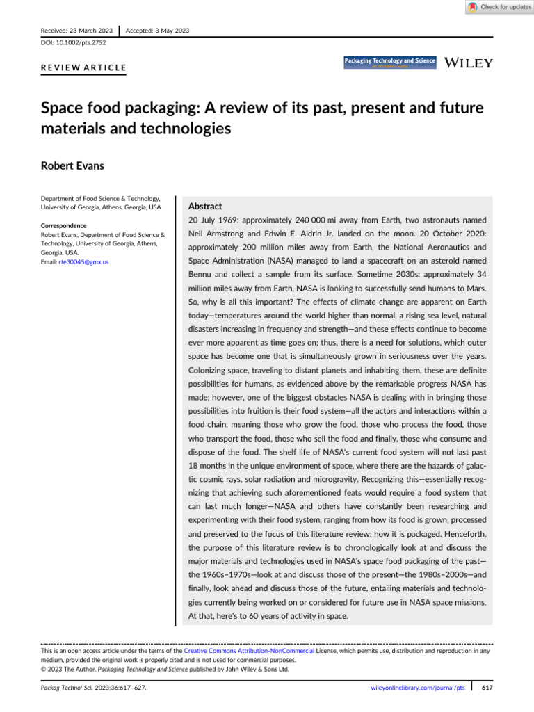 Packag Technol Sci - 2023 - Evans - Space Food Packaging A Review of ...