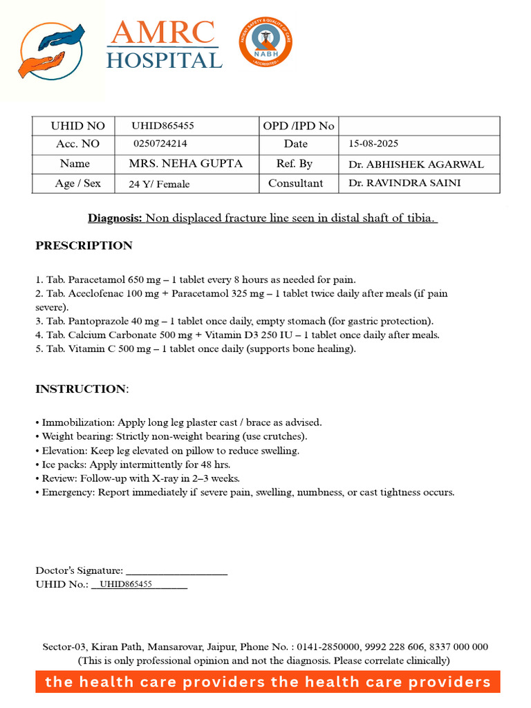 Tibia Fracture Treatment Plan & Prescription | PDF