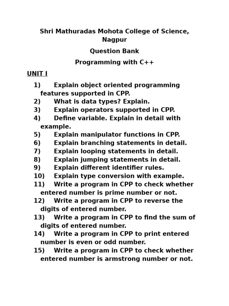 CPP Unit I Question Bank | PDF