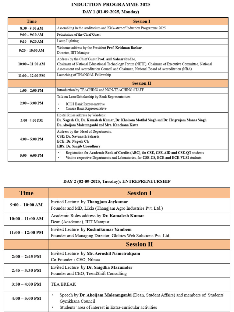 Induction Programme 2025 Schedule Pdf